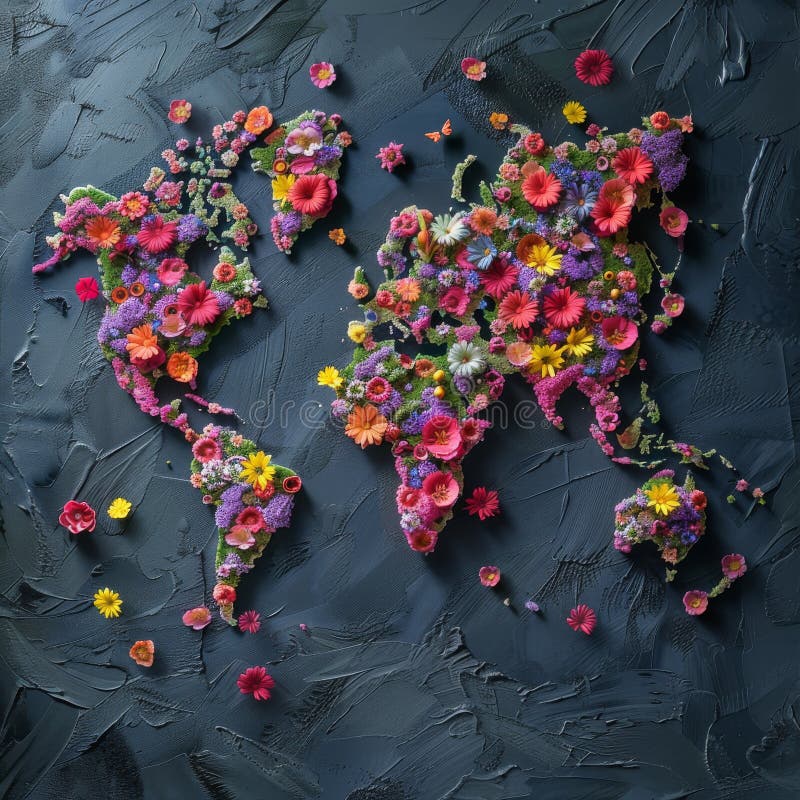 Flower Map, a World Map Made of Flowers on Dark Background Stock Photo ...