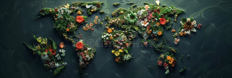 Flower Map, a World Map Made of Flowers on Dark Background Stock Image ...