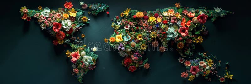 Flower Map, a World Map Made of Flowers on Dark Background Stock Image ...