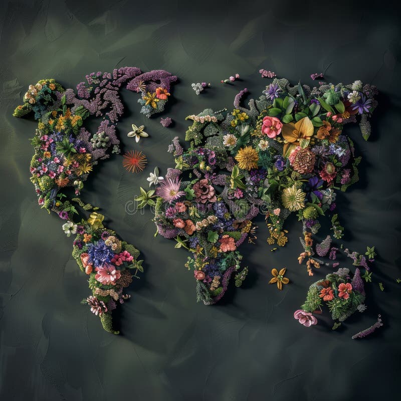 Flower Map, a World Map Made of Flowers on Dark Background Stock Photo ...