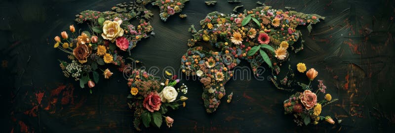 Flower Map, a World Map Made of Flowers on Dark Background Stock Photo ...