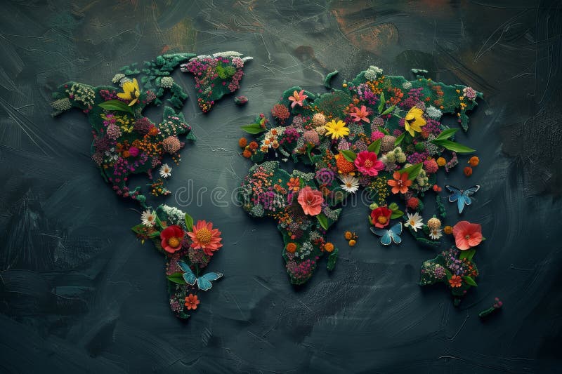 Flower Map, a World Map Made of Flowers on Dark Background Stock Photo ...