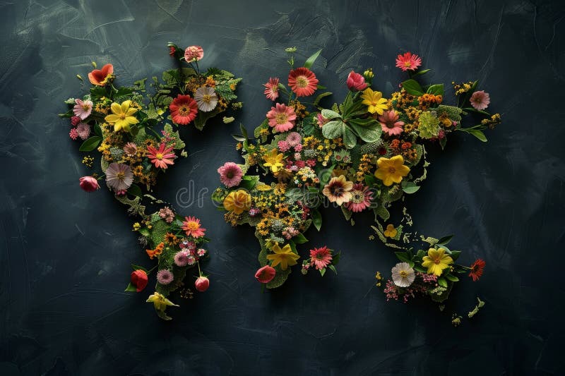 Flower Map, a World Map Made of Flowers on Dark Background Stock Image ...