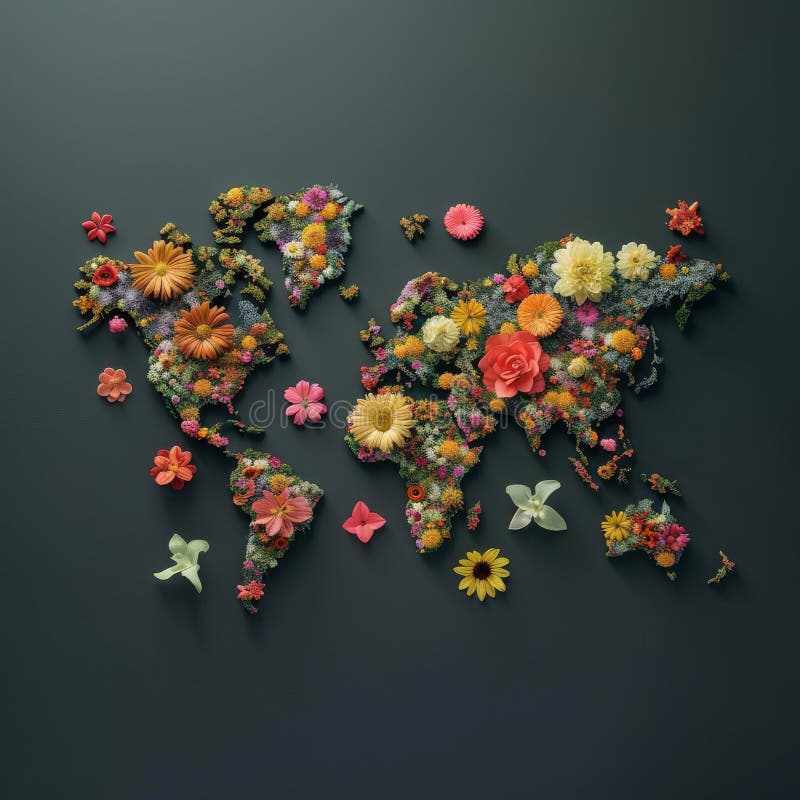 Flower Map, a World Map Made of Flowers on Dark Background Stock Image ...