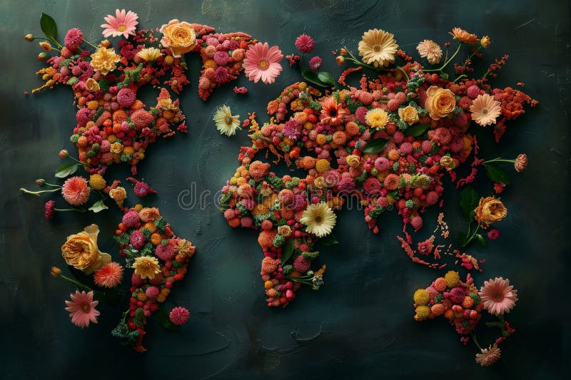 Flower Map, a World Map Made of Flowers on Dark Background Stock Photo ...