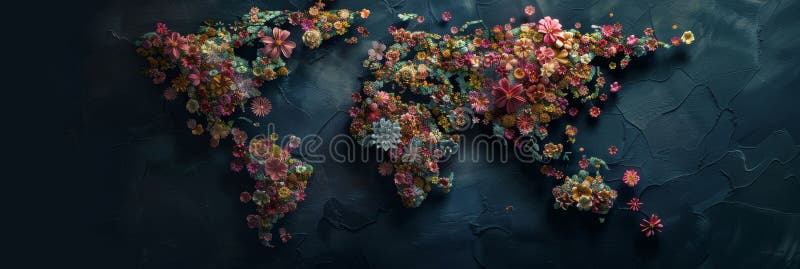 Flower Map, a World Map Made of Flowers on Dark Background Stock Photo ...