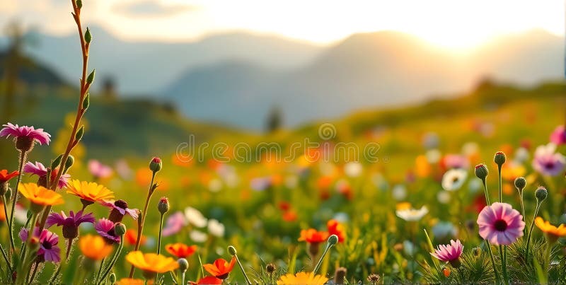 A Flower Meadow in Mountains with the Foreground Sharp Wildflower and a ...