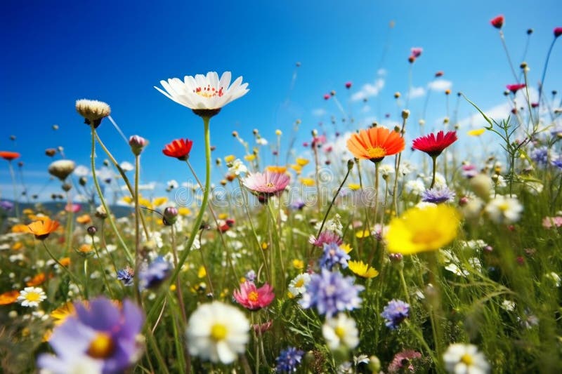 Flower Meadow in Spring with Clear Blue Sky. Generative Ai Stock ...