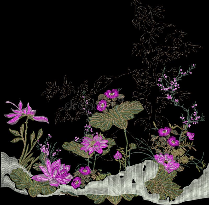 Flower Motifs Arrangement Embroidery Textile Stock Image - Image of ...