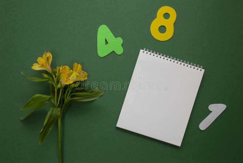 Flower and Notepad on a Green Background Stock Image - Image of flower ...