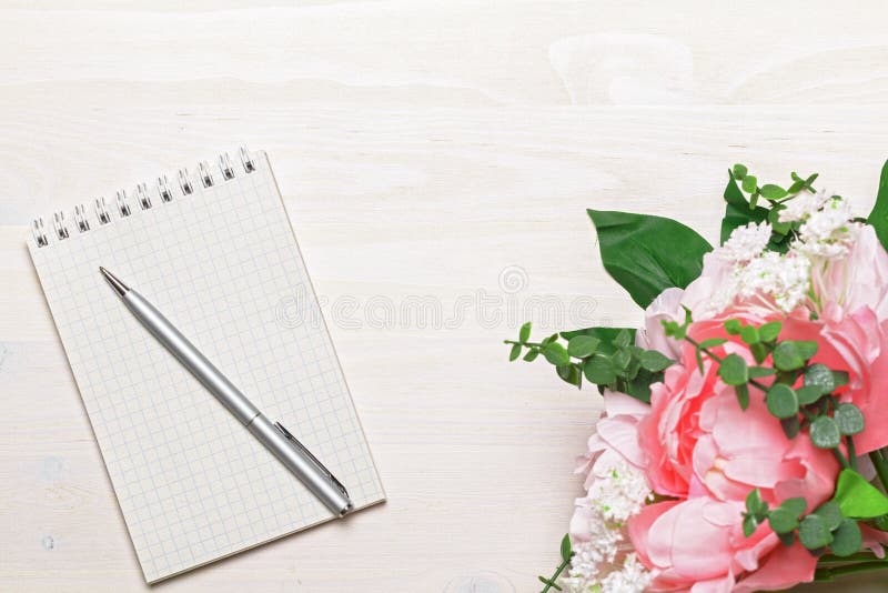 Flower with Open Blank Note Book and Ink Pen Stock Image - Image of ...