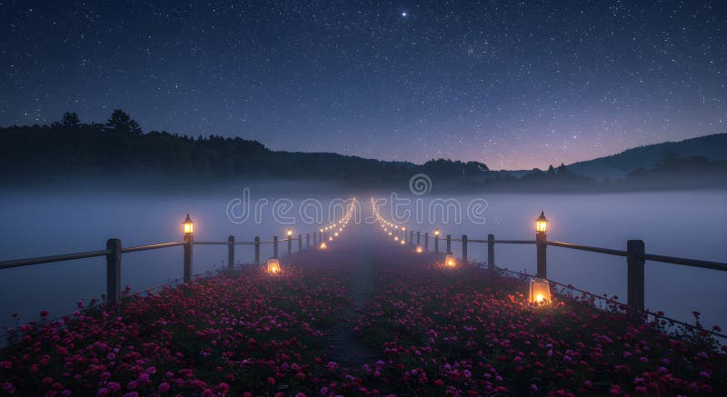 Flower Path with Lantern Under Starry Night Stock Image - Image of ...