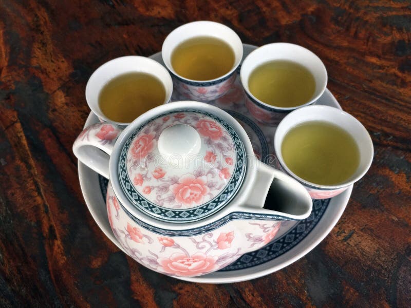 Flower Pattern Tea Set on Wooden Table. on Top Angle Stock Photo ...
