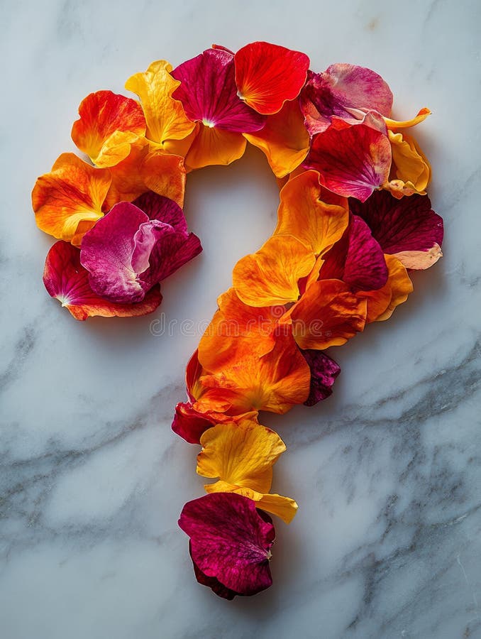 Flower Petals Arranged in a Question Mark Shape on Marble Background ...