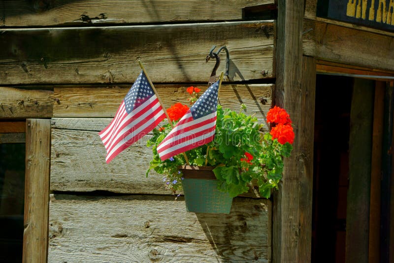 Flower Planter Hanging with Flags in the Pot Stock Image - Image of ...
