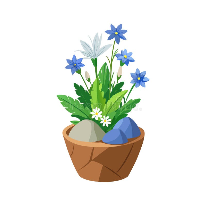 Flower Pot with Blue Flowers, Daisy Flowers, and Gray, Blue Stones ...