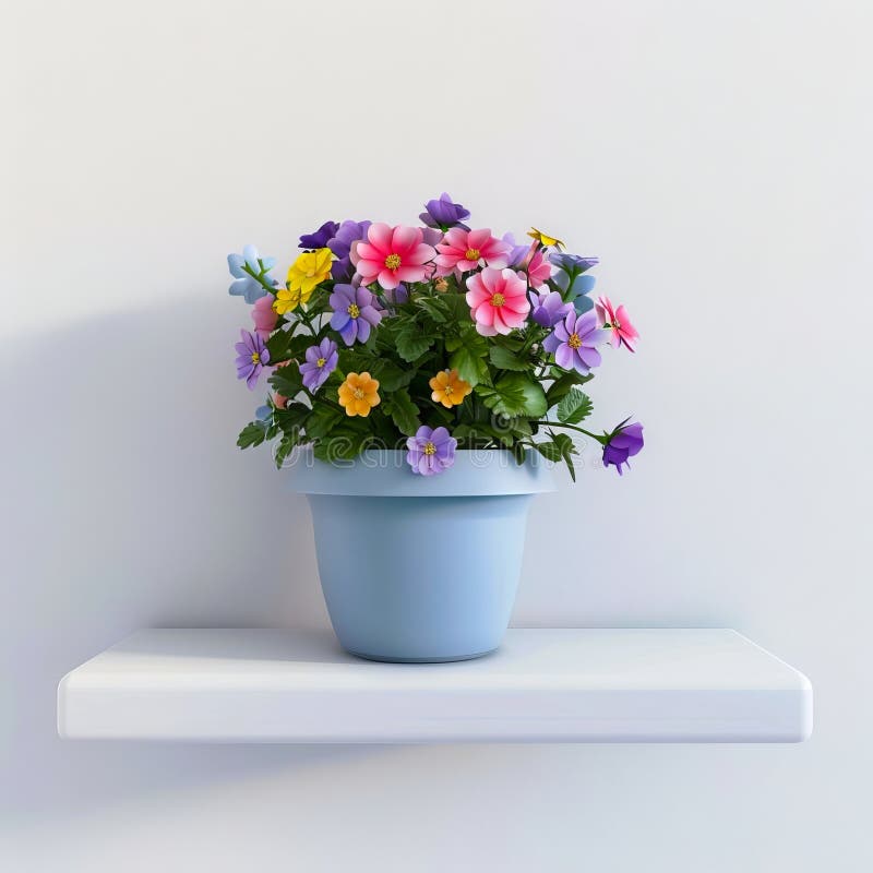 A Flower Pot with Colorful Flowers on a White Shelf Stock Photo - Image ...