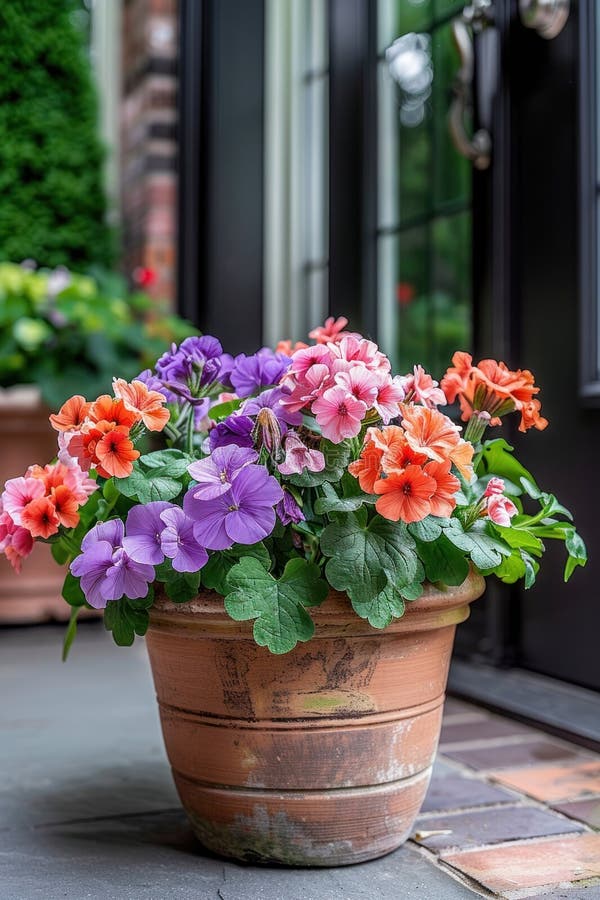 Flower Pot or Planter Containing Geraniums, Calibrachoas Stock Photo ...