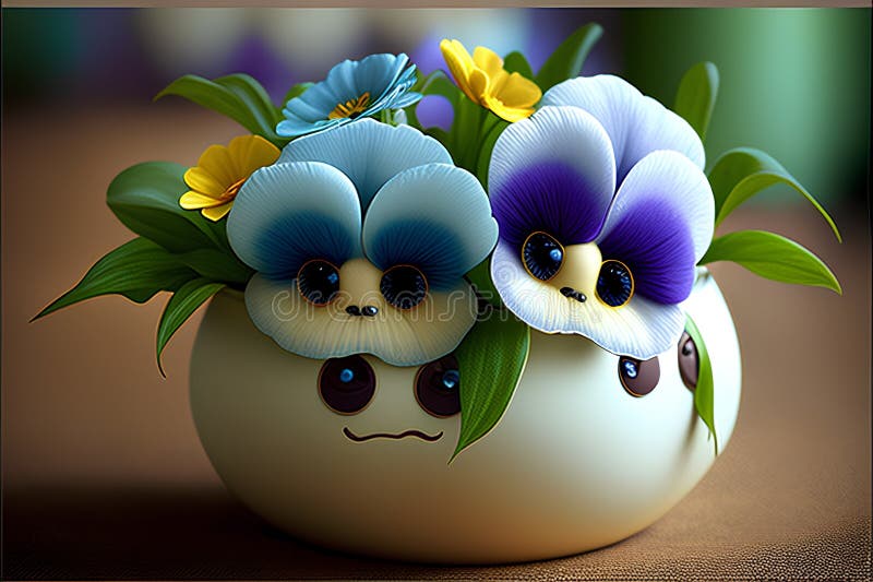 Flower Pot with a Sad Face and Flowers. 3d Rendering Stock Illustration ...