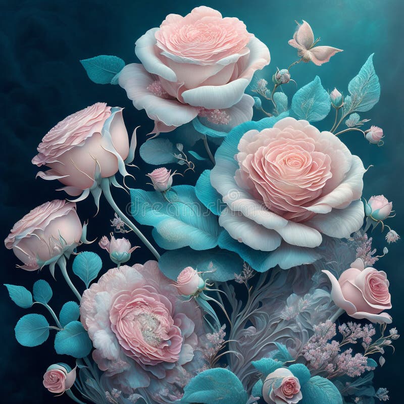 Flower Realistic Blue Pink Colour Abstract Pattern. Floral Colour Stock ...