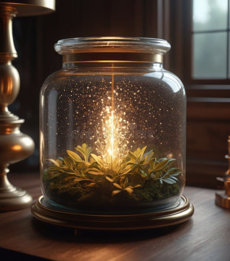 A Flower Releases a Magical Light Inside a Closed Jar Stock ...