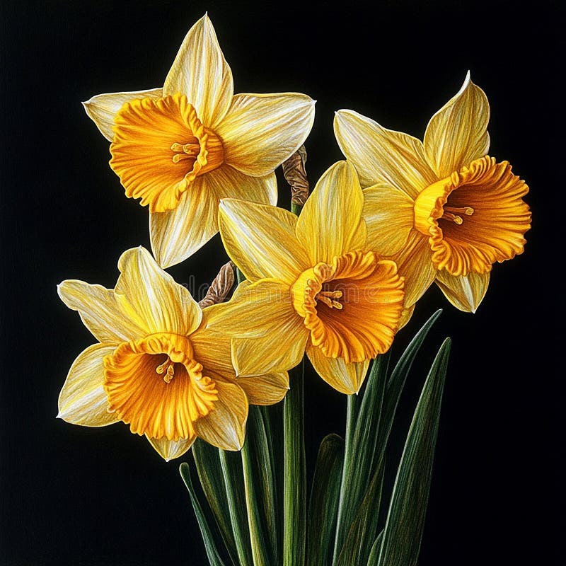 Yellow Daffodil Flower Hyper Realistic Color Drawing Stock Illustration ...