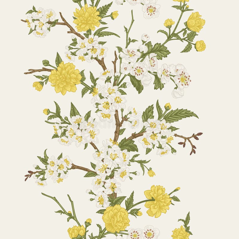 Flower Seamless Border with Cherry Blossoms.Vector Botanical Pattern ...