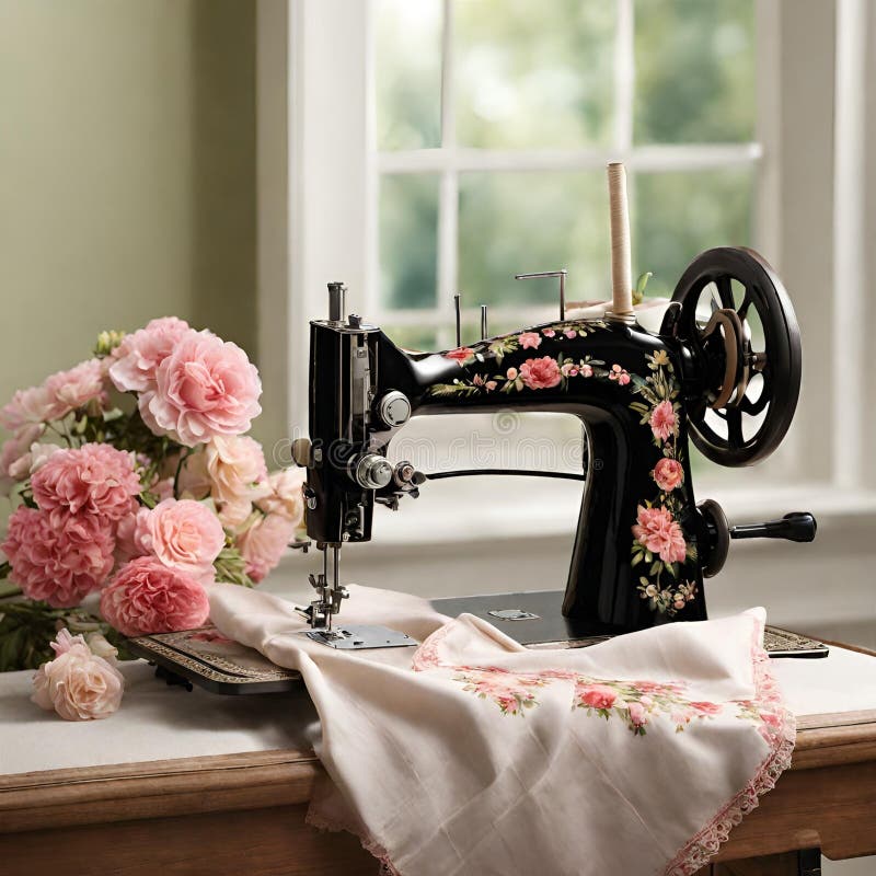 Flower Seamstress Sewing Machine - 1 Stock Illustration - Illustration ...