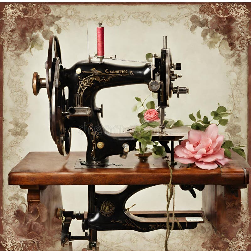 Flower Seamstress Sewing Machine - 1 Stock Illustration - Illustration ...