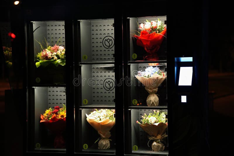Flower Self-service Vending Machine on the Street in the Evening Stock ...