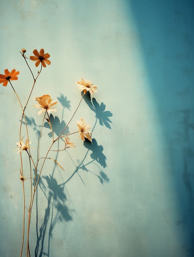 Flower Shadows Cast on a Blue Wall. Extreme Light and Shadow. Bright ...