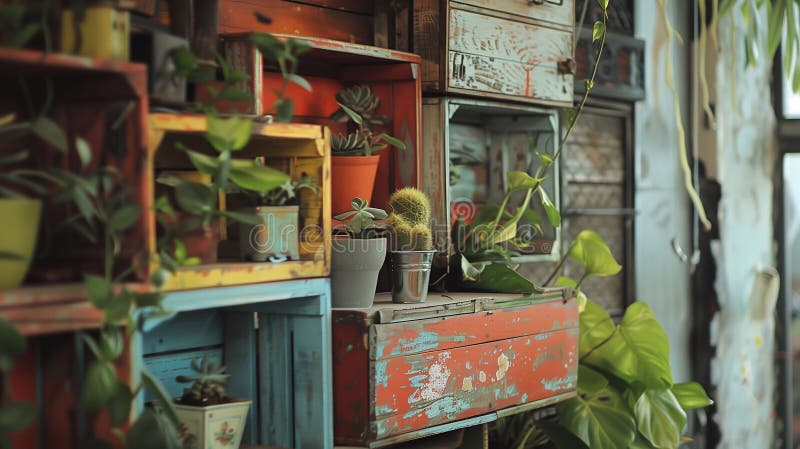 Flower Shelves Made from Old Wooden Boxes Stock Illustration ...