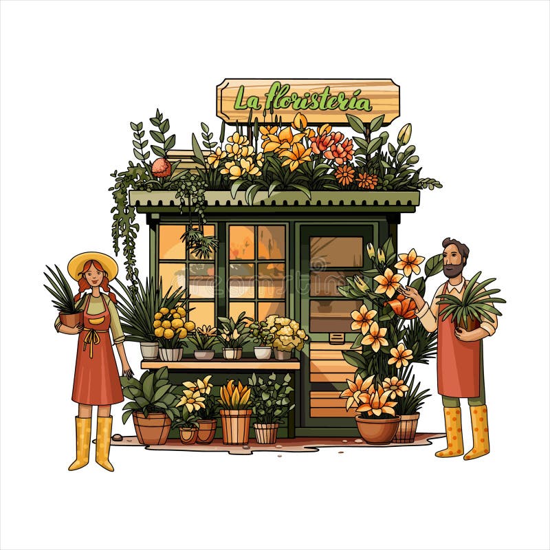 Flower shop with sellers stock vector. Illustration of flowerbed ...