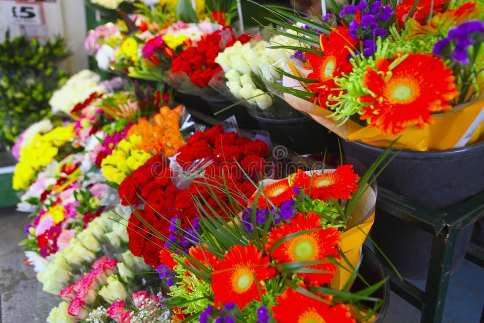 Flower stall side view stock photo. Image of pounds, flowers - 16483750