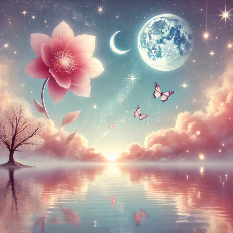 A Flower Sunrise in a Magical Sky with the Moon and Butterflies. Stock ...