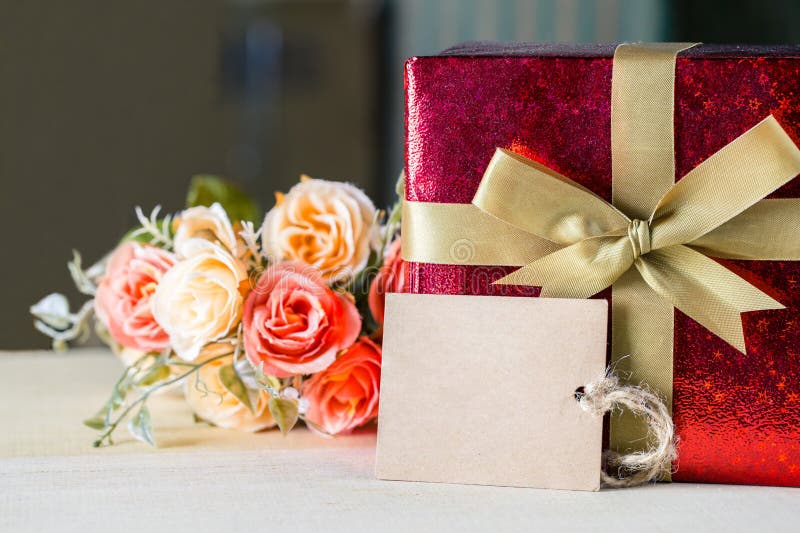 Flower and Tag with Gift Box for Your Text Vintage Style Stock Photo ...