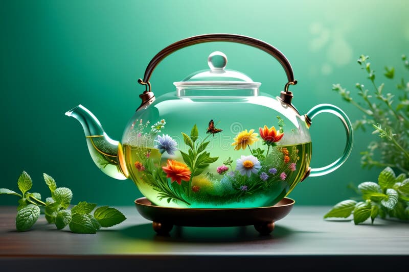 Flower Tea in a Glass Teapot on a Green Background Stock Photo - Image ...