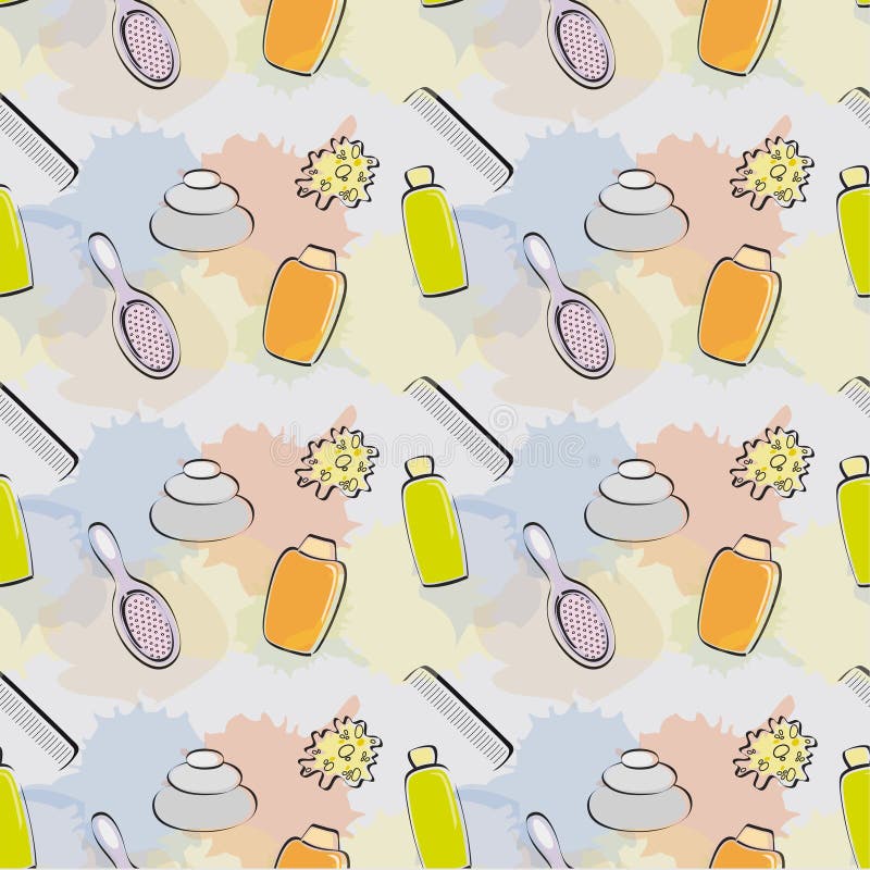 Seamless Beauty Items Pattern - Brush, Shampoo, Sponge and Hygiene ...
