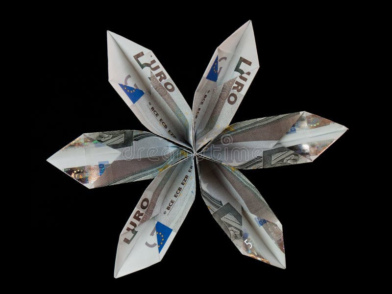 Flower of Three Fife Euro Notes Folded, Isolated on Black, Horizontal ...