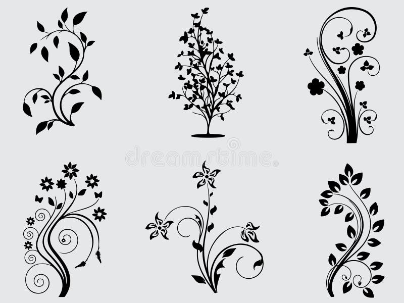 Flower and Tree Black on White Background Silhouette Vector Art ...