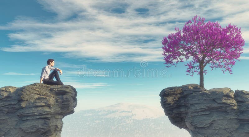 Man Sitting on a Peak with a Gap between Him and a Purple Tree . Stock ...