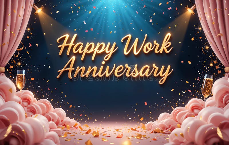 Happy Work Anniversary Celebration Scene with Pink Curtains and ...