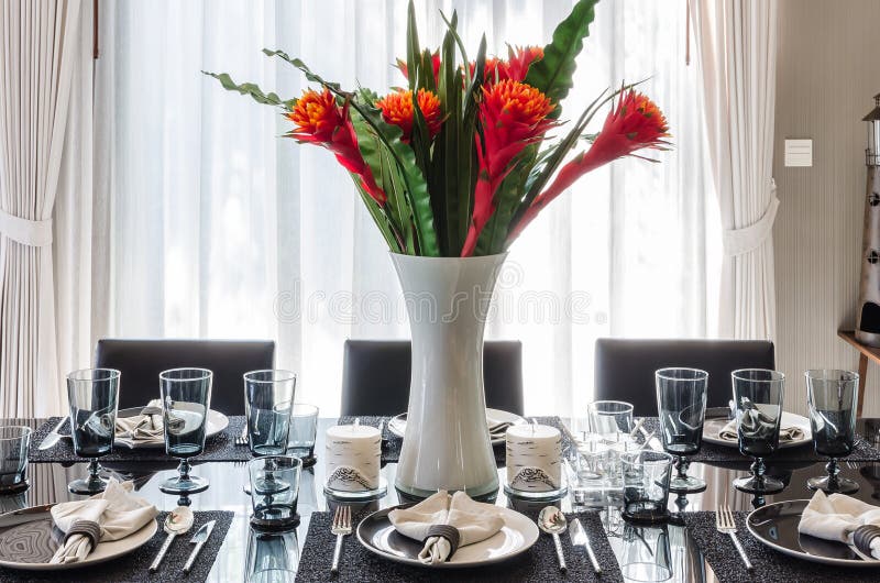 Flower in Vase on Modern Dinning Table Stock Photo - Image of dinner ...