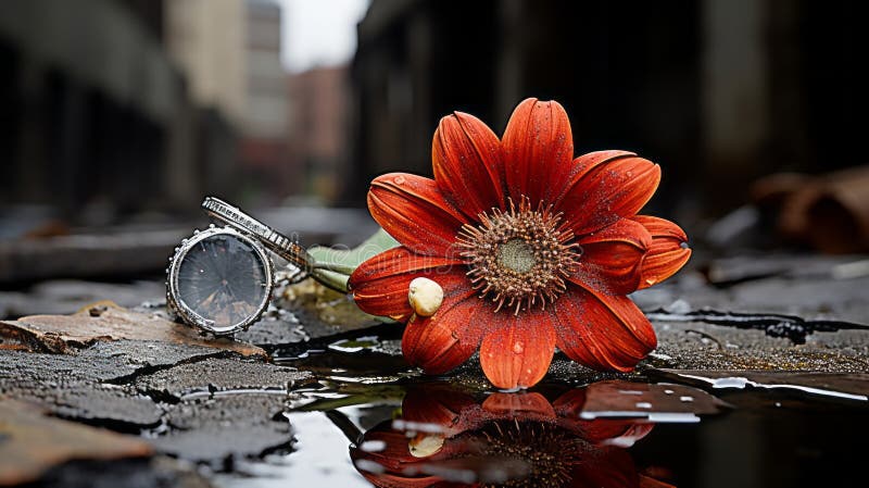 A Flower and a Watch on the Ground Stock Illustration - Illustration of ...