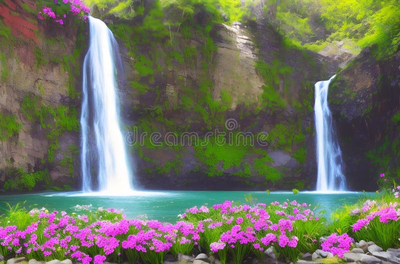 Tropical Waterfall with Flowers in Garden and House Scene Painting for ...