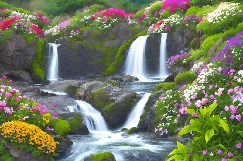 Tropical Waterfall with Flowers in Garden Scene Painting for Wall Art ...
