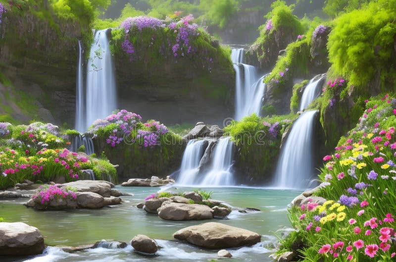 Tropical Waterfall with Flowers in Garden Scene Painting for Wall Art ...