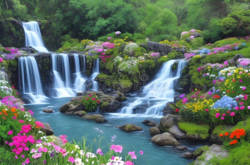 Tropical Waterfall with Flowers in Garden Scene Painting for Wall Art ...