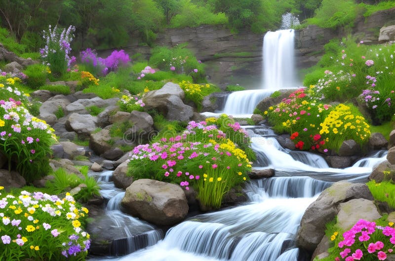 Tropical Waterfall with Flowers in Garden Scene Painting for Wall Art ...
