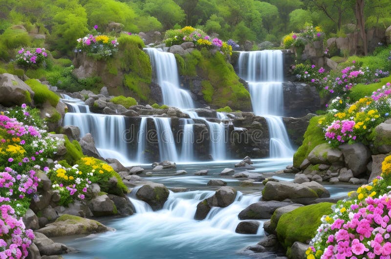 Tropical Waterfall with Flowers in Garden Scene Painting for Wall Art ...